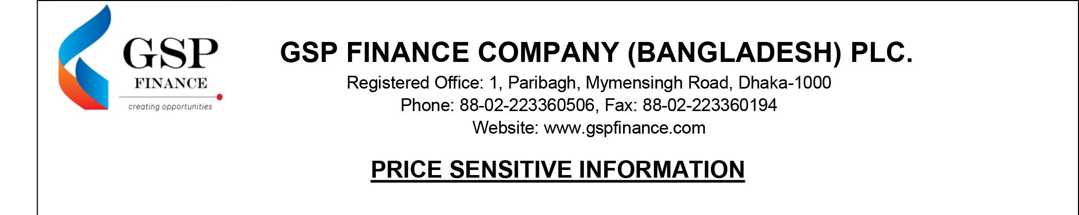 Price Sensitive Information Of GSP Finance Company (Bangladesh) PLC ...