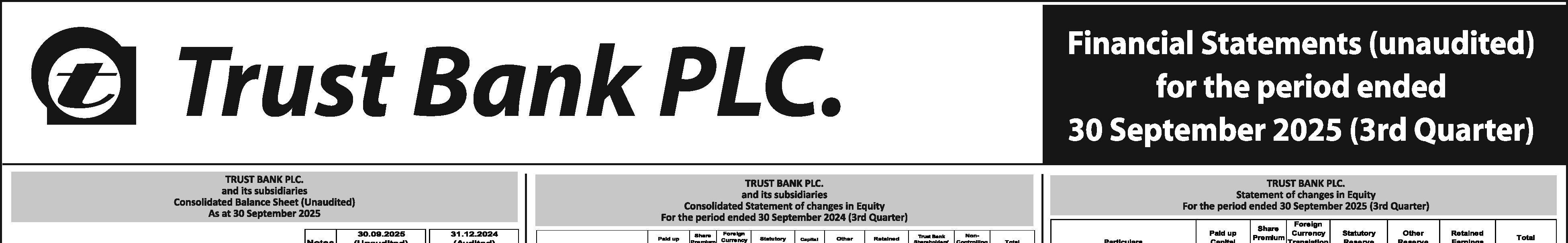 Q3 Un-audited Financial Statements of Trust Bank PLC. - শেয়ারবাজারনিউজ.কম