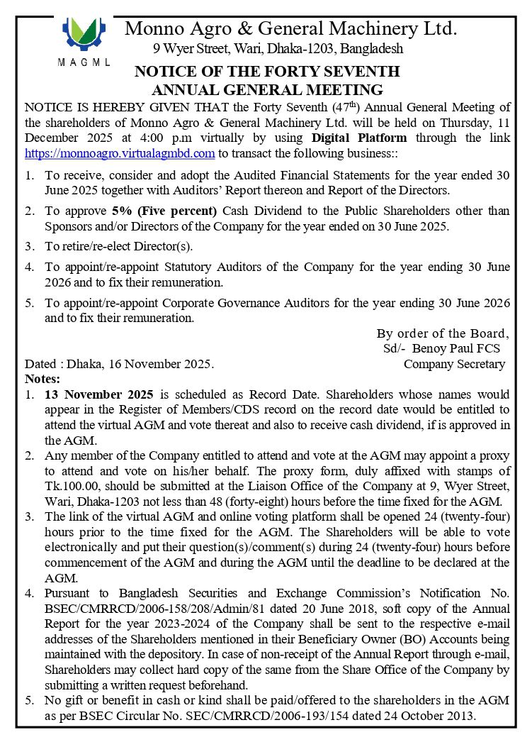 Notice Of The 47th Annual General Meeting of the shareholders of Monno Agro & General Machinery ...