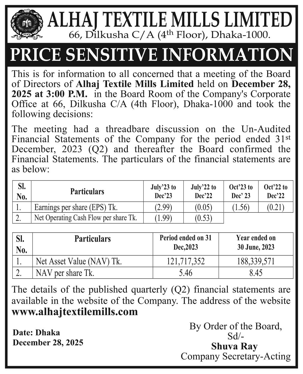 Price Sensitive Information (2nd Quarter) Of Al-Haj Textile Mills ...
